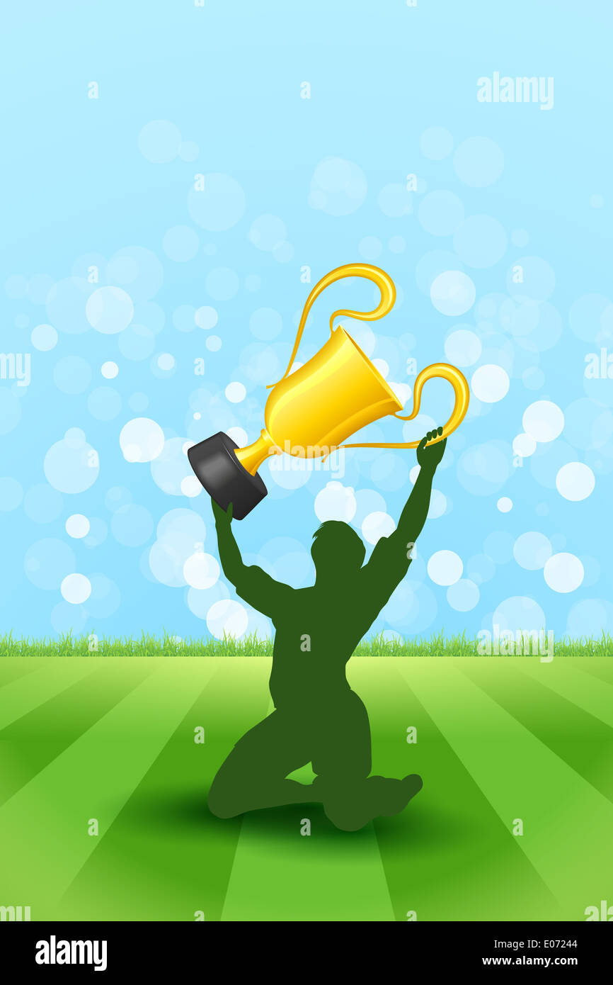 Soccer Background with Grass and with Player that Holding Award Trophy ...