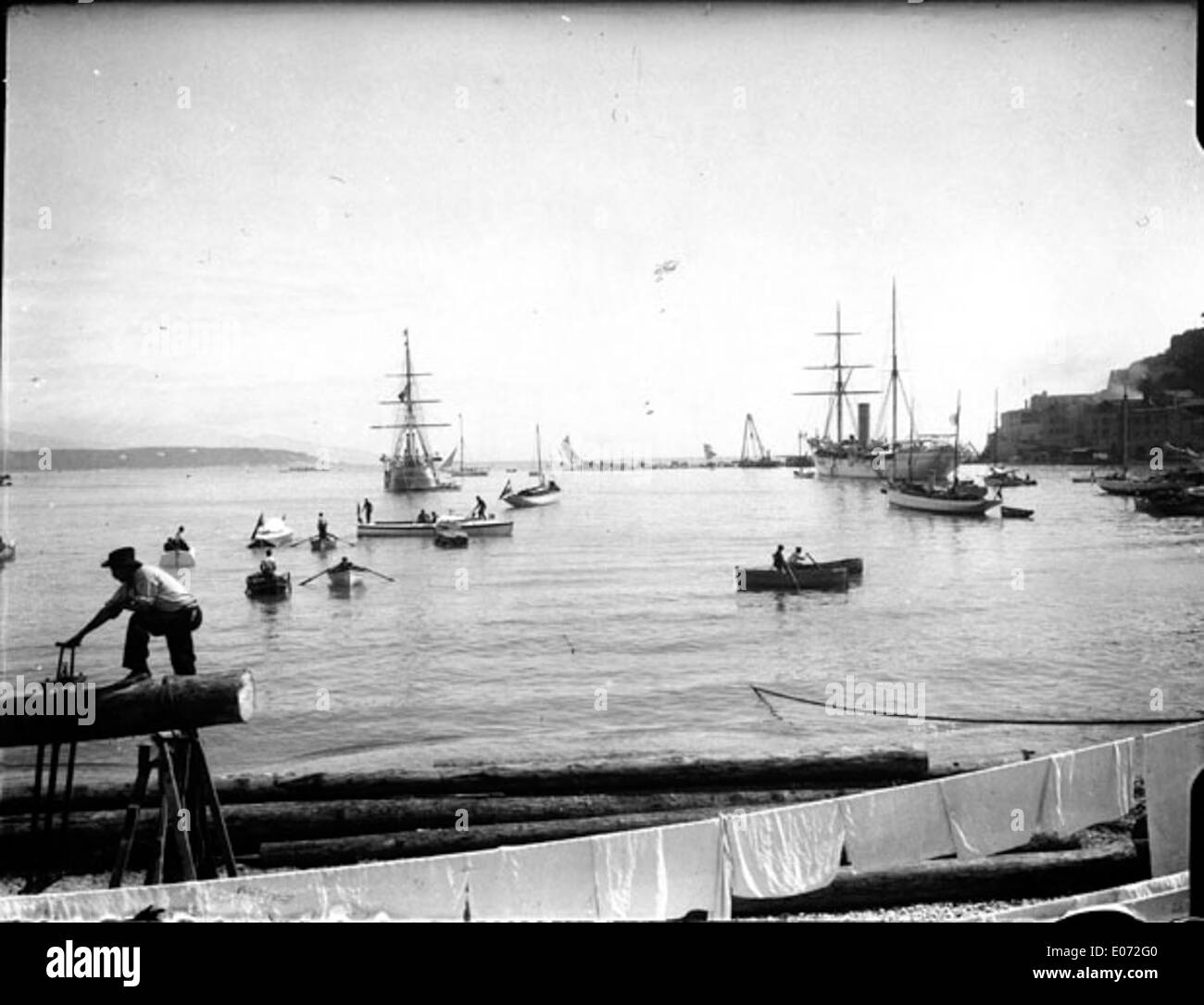 A scenic view of Monaco's harbor in April 1905, depicting the bustling ...
