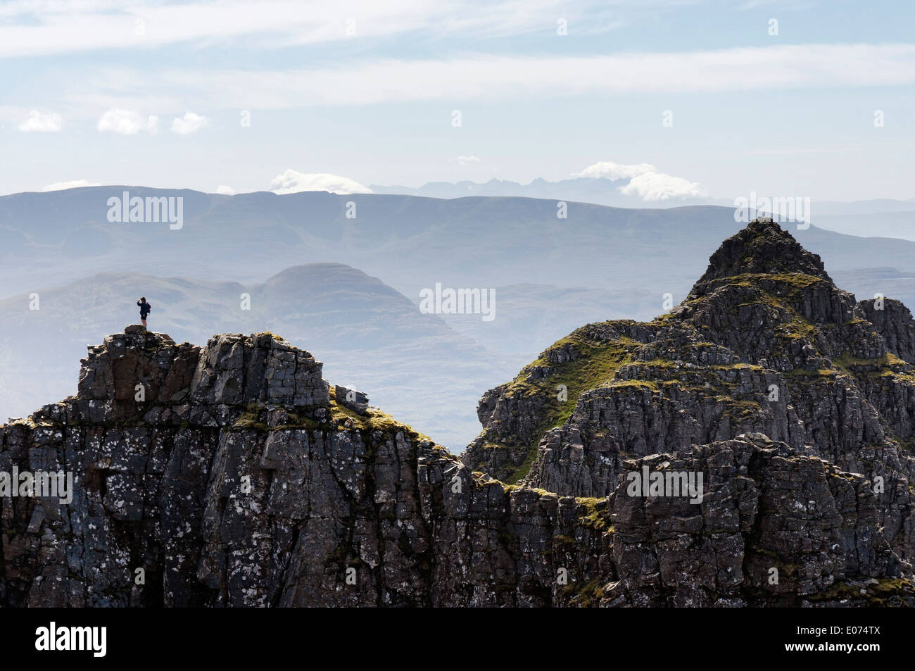 A lone hillwalker on the airy traverse of Liathach in the Torridon area ...