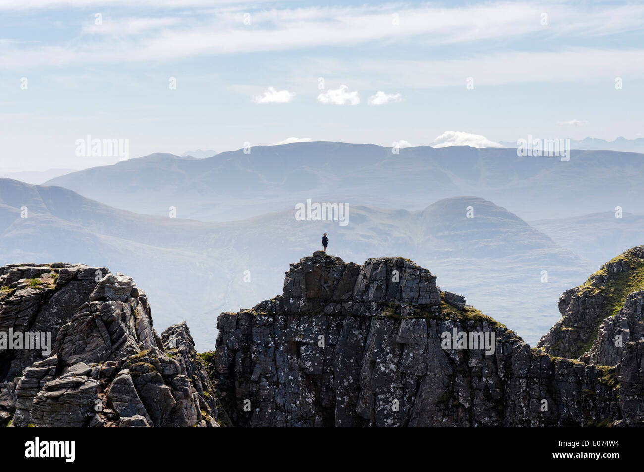 A lone hillwalker on the airy traverse of Liathach in the Torridon area ...