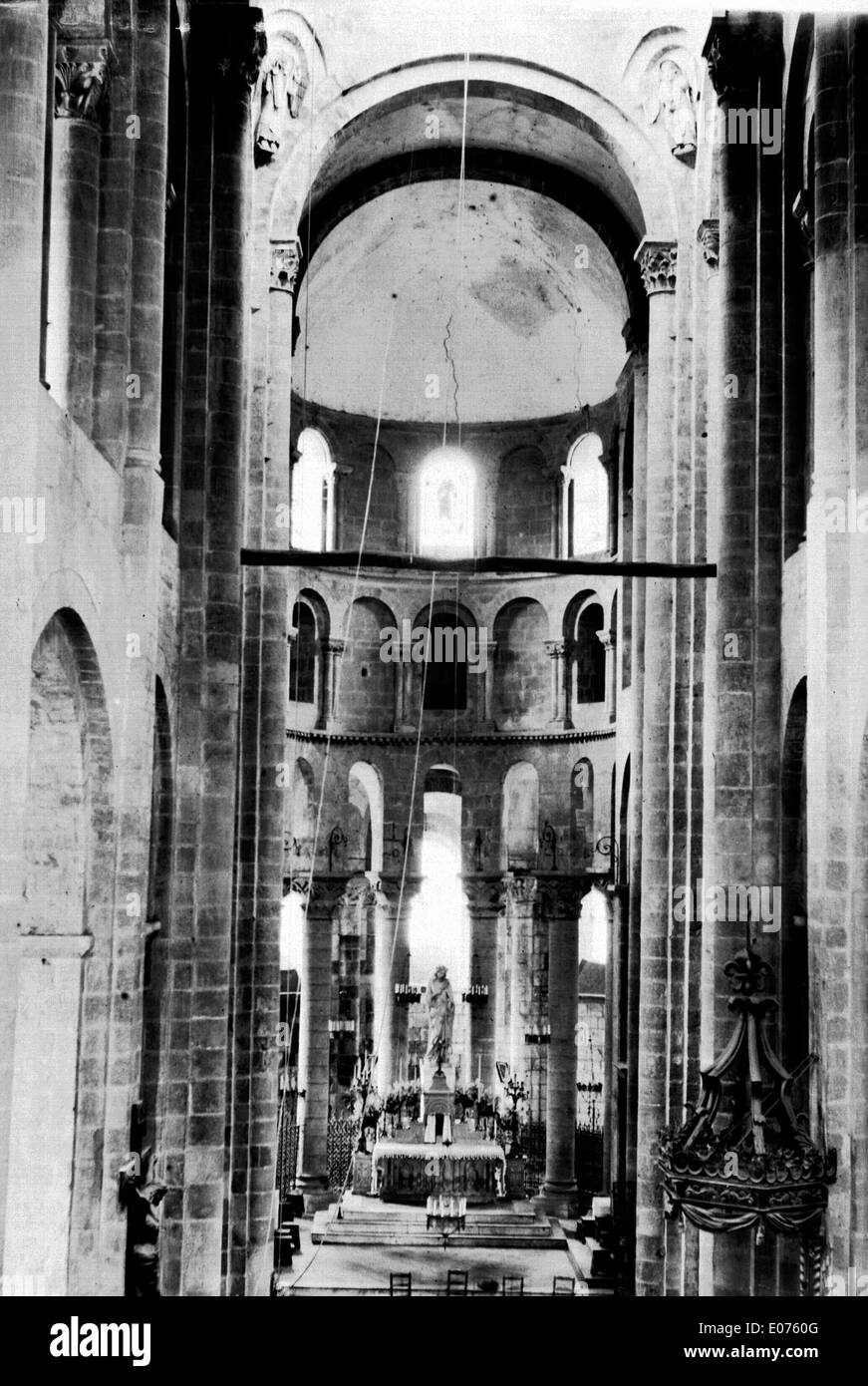 This artwork depicts the interior of the Church of Conques in Aveyron ...