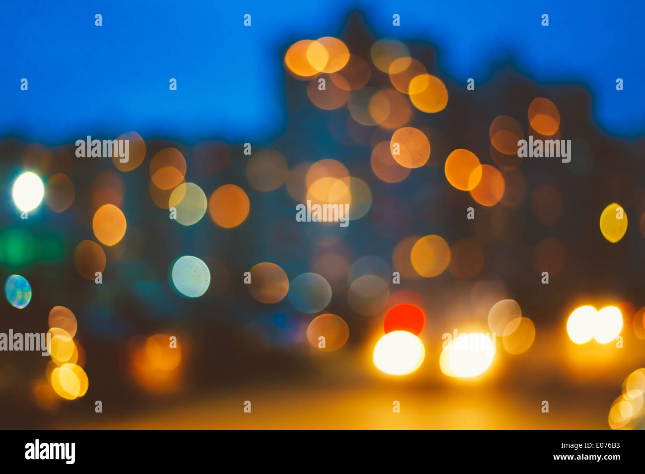 Defocused blue bokeh urban city background effect. Design backdrop ...
