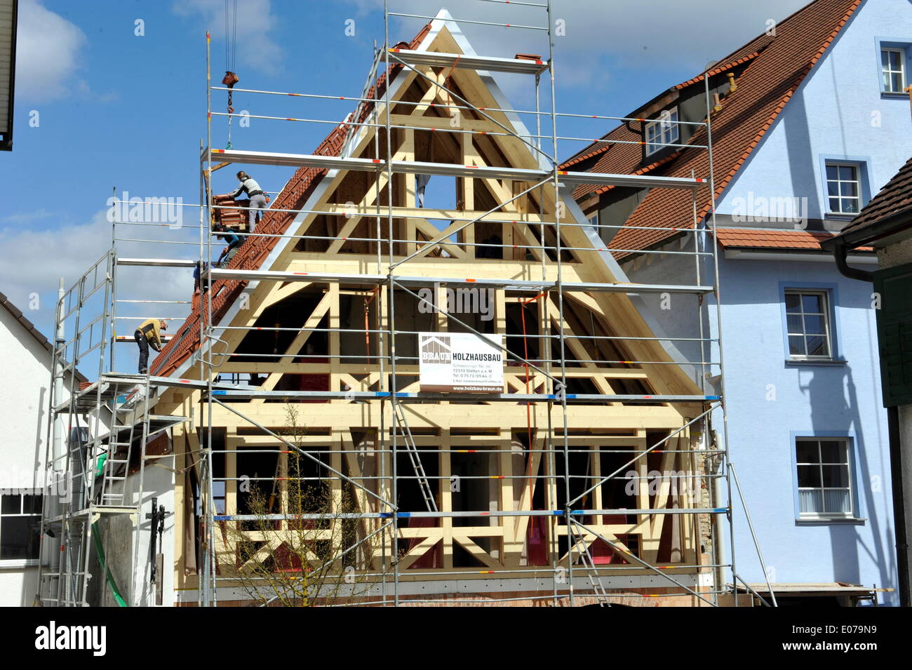 New constructed frame house in the old town of Messkirch in Germany ...