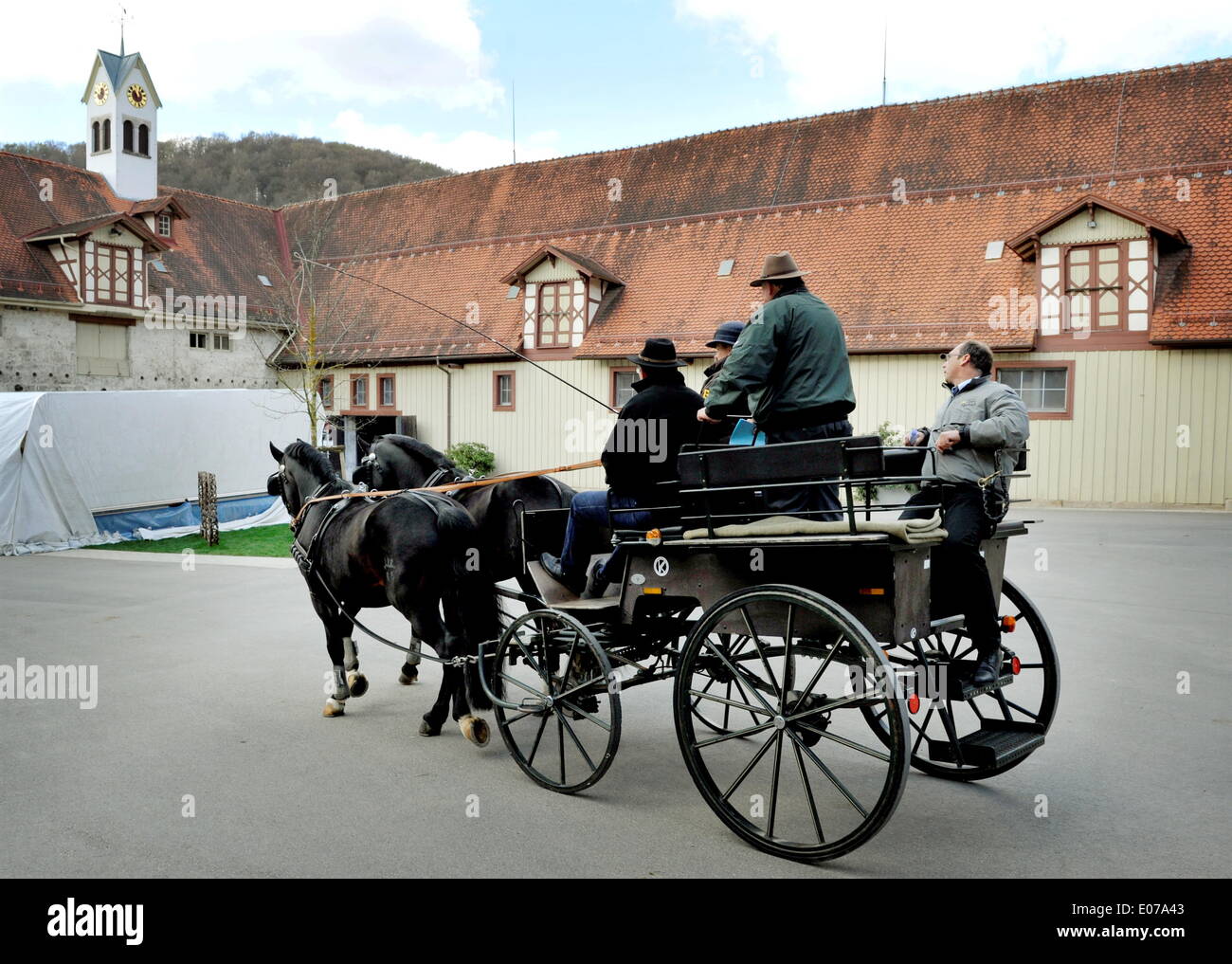 Horse-drawn carriage in front of the entrance to the national stud of ...