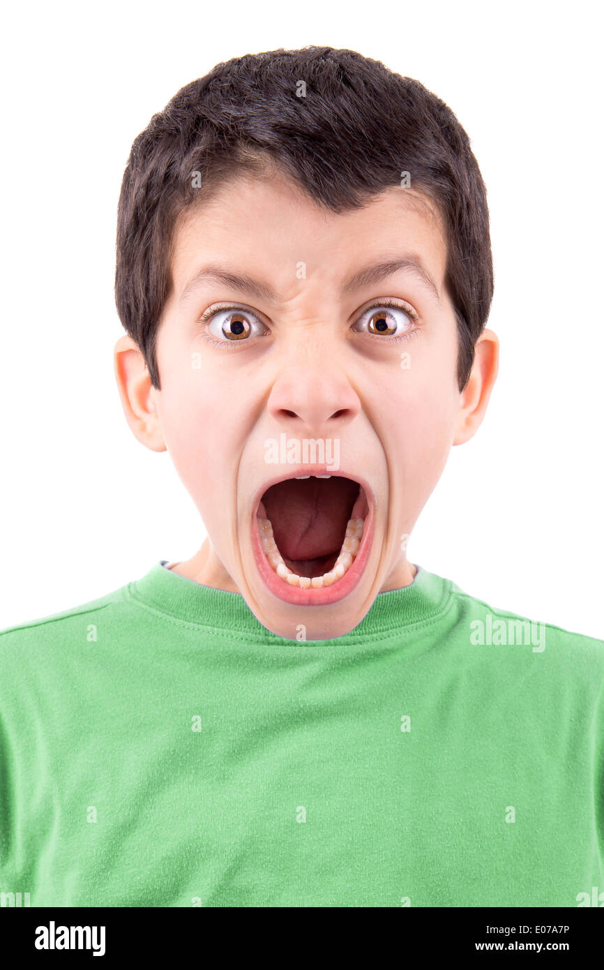 Young boy screaming isolated in white Stock Photo - Alamy
