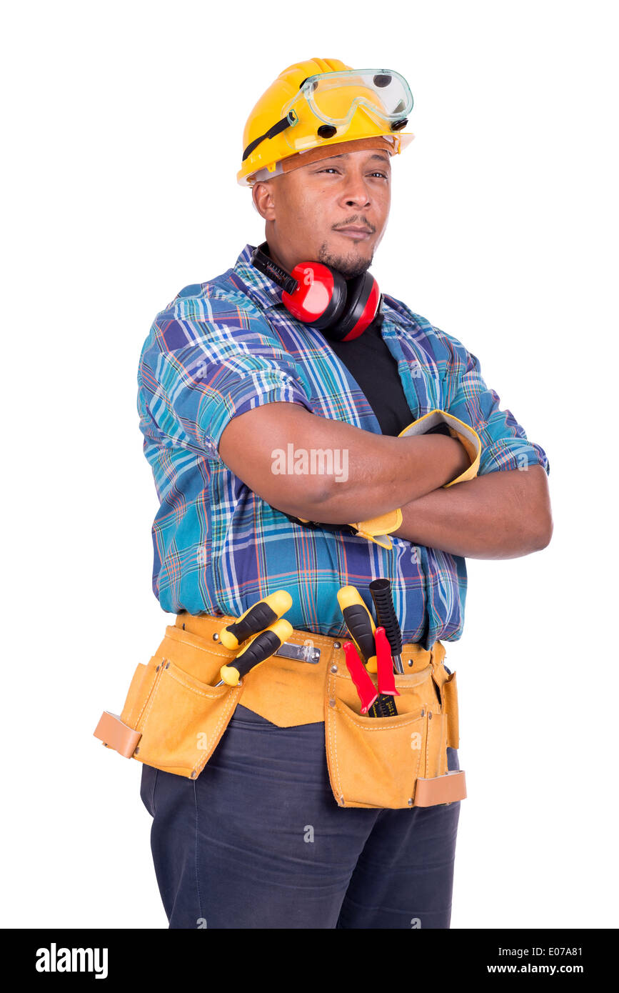 Construction worker isolated in white Stock Photo - Alamy