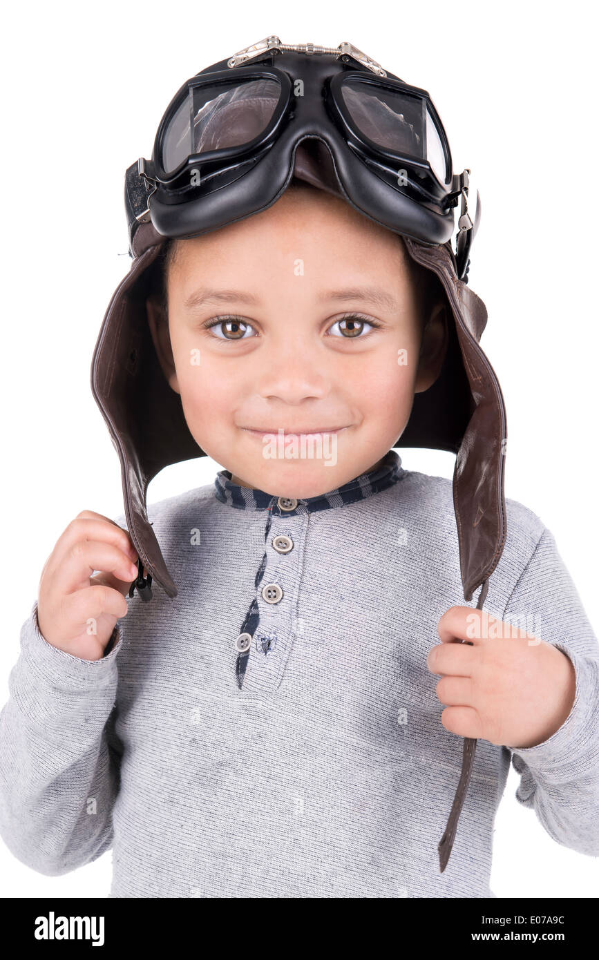 Young boy with pilot helmet isolated in white Stock Photo - Alamy