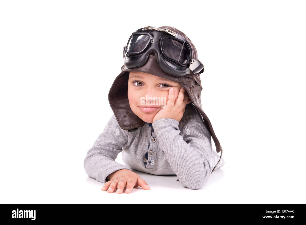 Young boy with pilot helmet isolated in white Stock Photo - Alamy