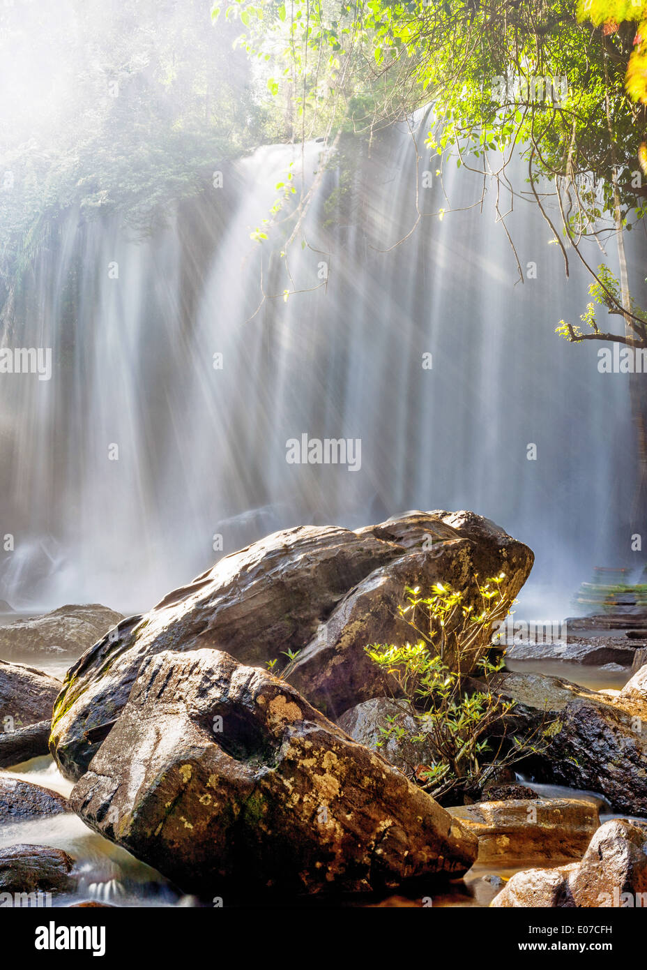 Sunny day at tropical rain forest landscape with flowing water of Kulen ...