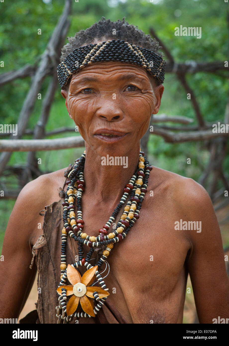 Bushman Woman With Beaded Traditional Headdress, Tsumkwe, Namibia Stock ...