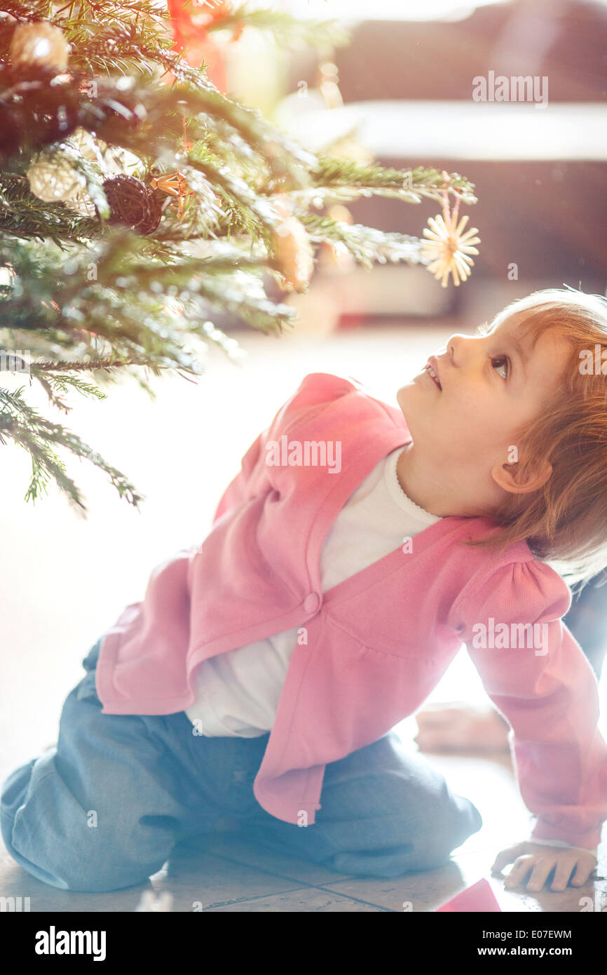 Little girl under Christmas tree looking surprised Stock Photo - Alamy