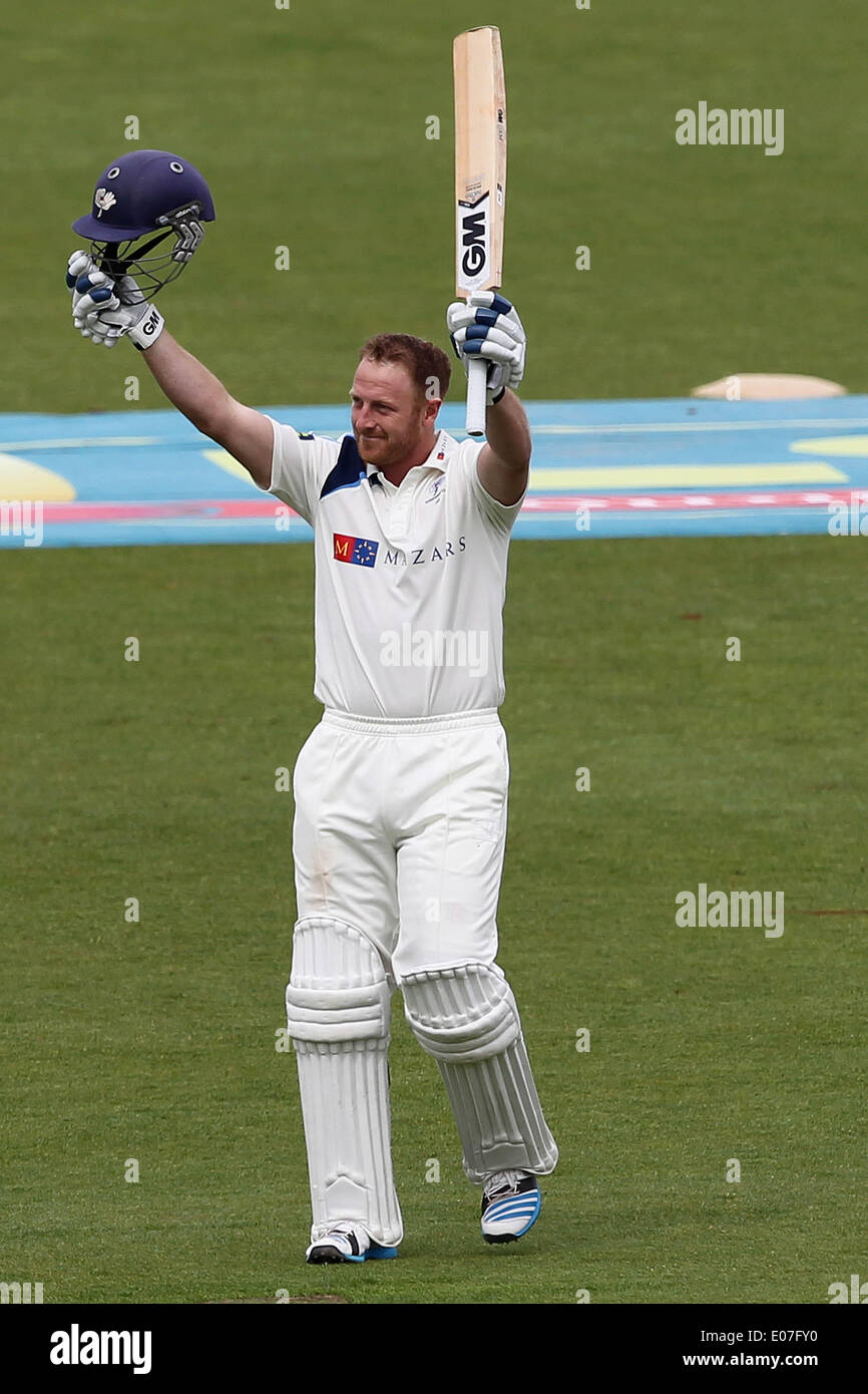 Chester Le Street, UK. 5th May 2014. Yorkshire's Andrew Gale celebrates ...
