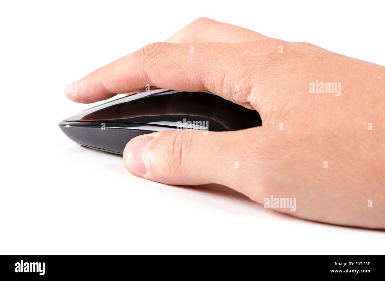 Black touch wireless modern computer mouse in the hand isolated on ...