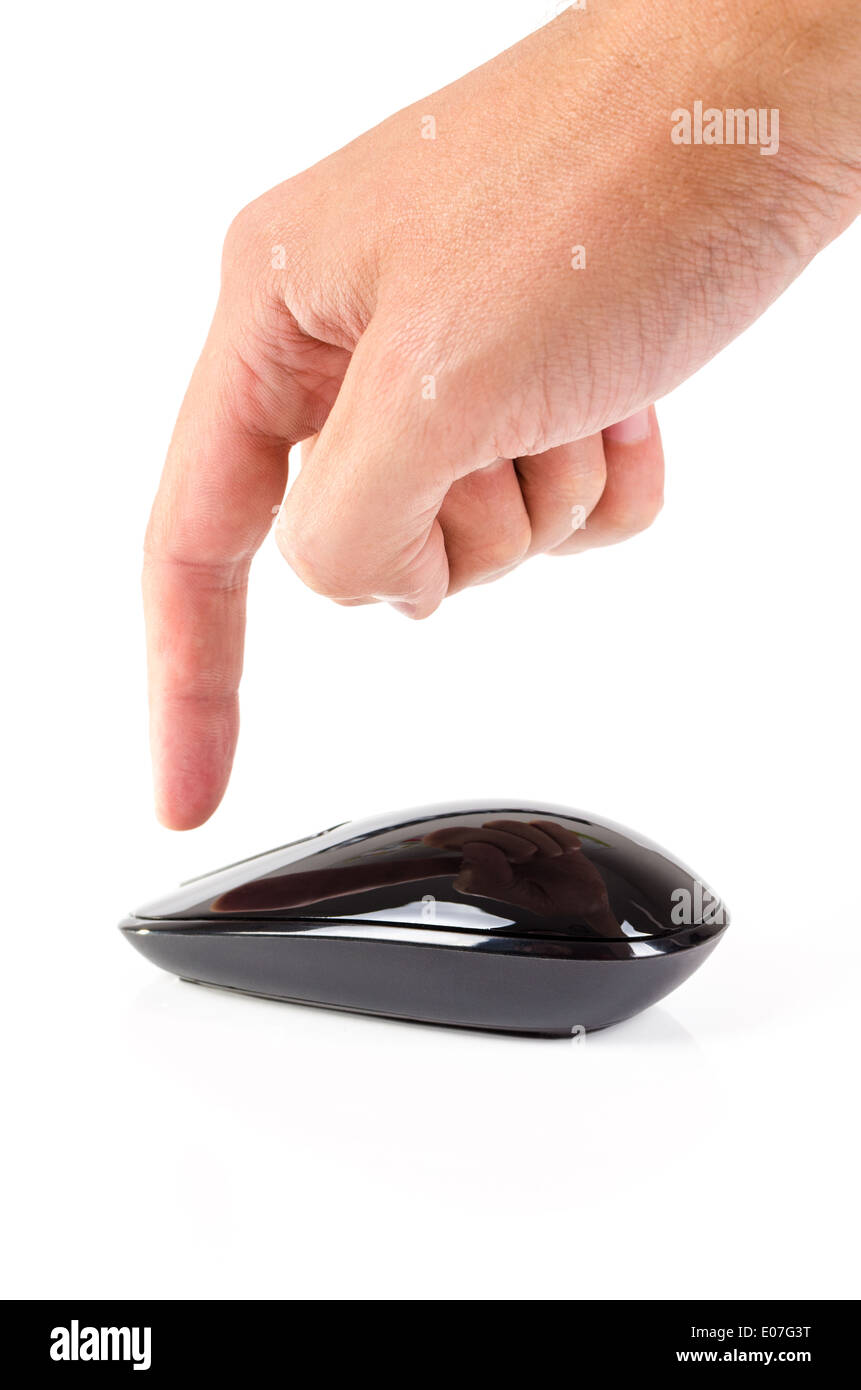 Black touch wireless modern computer mouse with finger isolated on ...