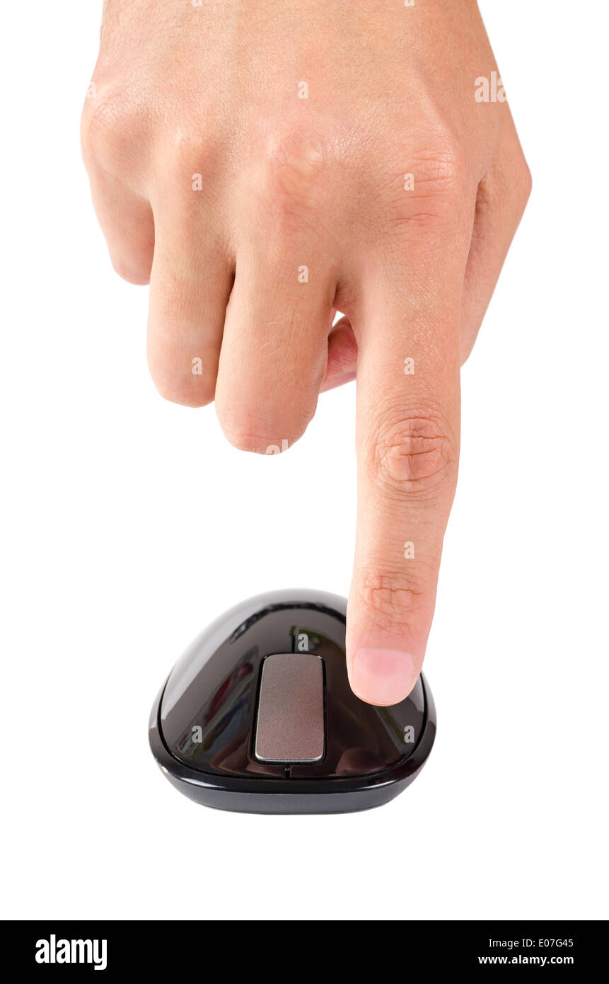 Finger points to left button of black touch wireless modern computer ...