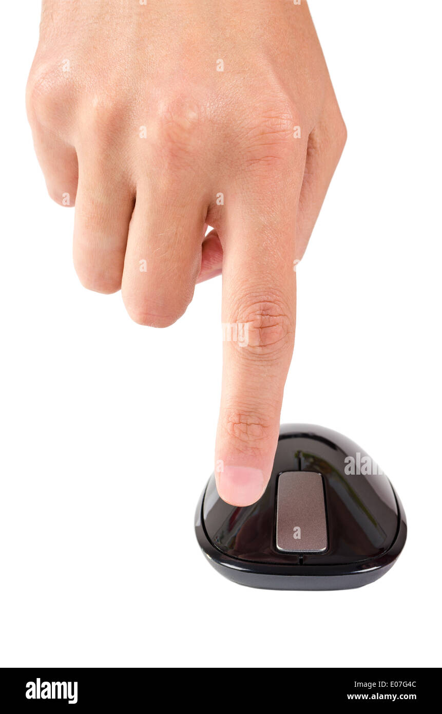 Finger points to right button of black touch wireless modern computer ...