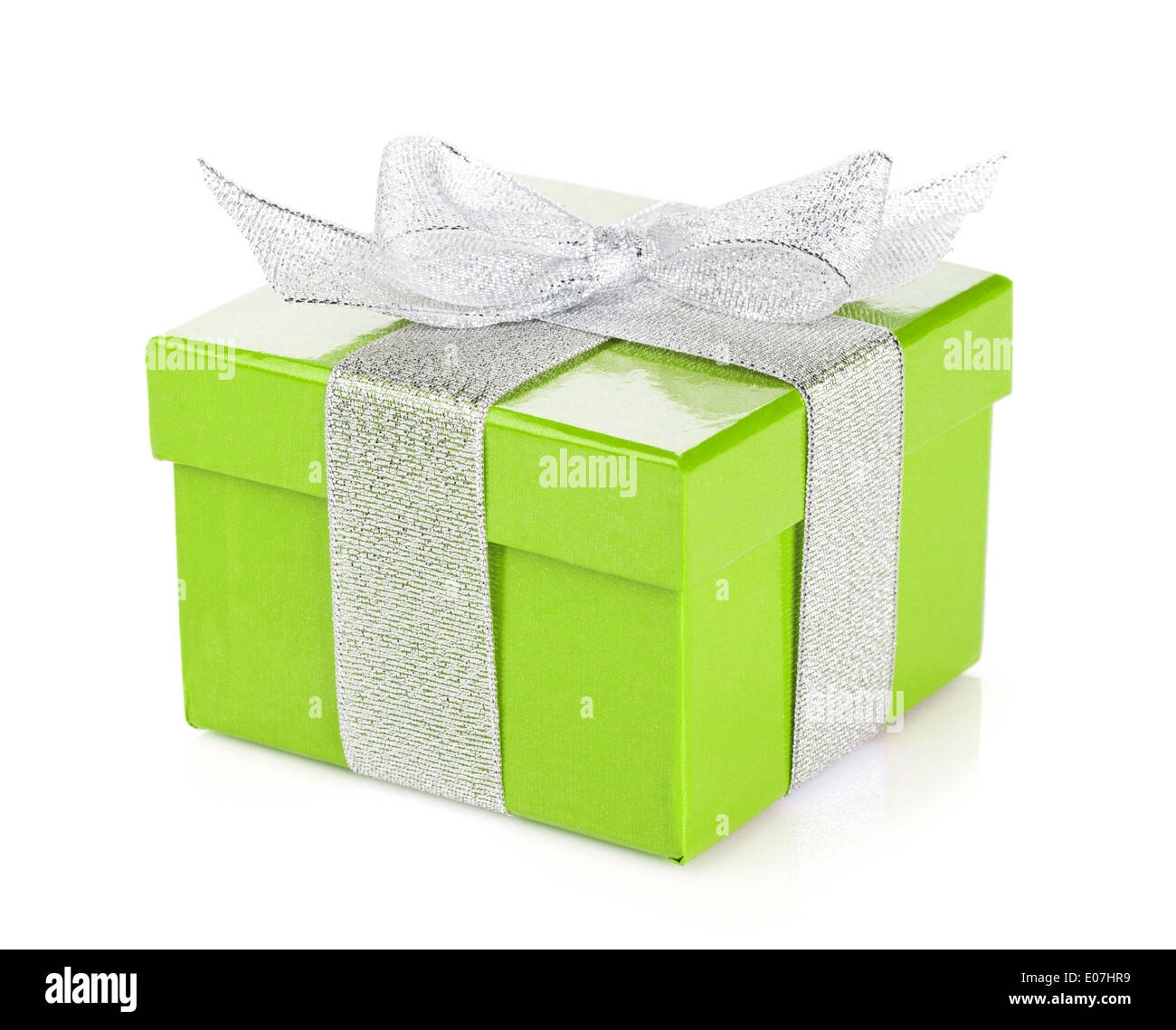 Green gift box with silver ribbon and bow. Isolated on white background ...