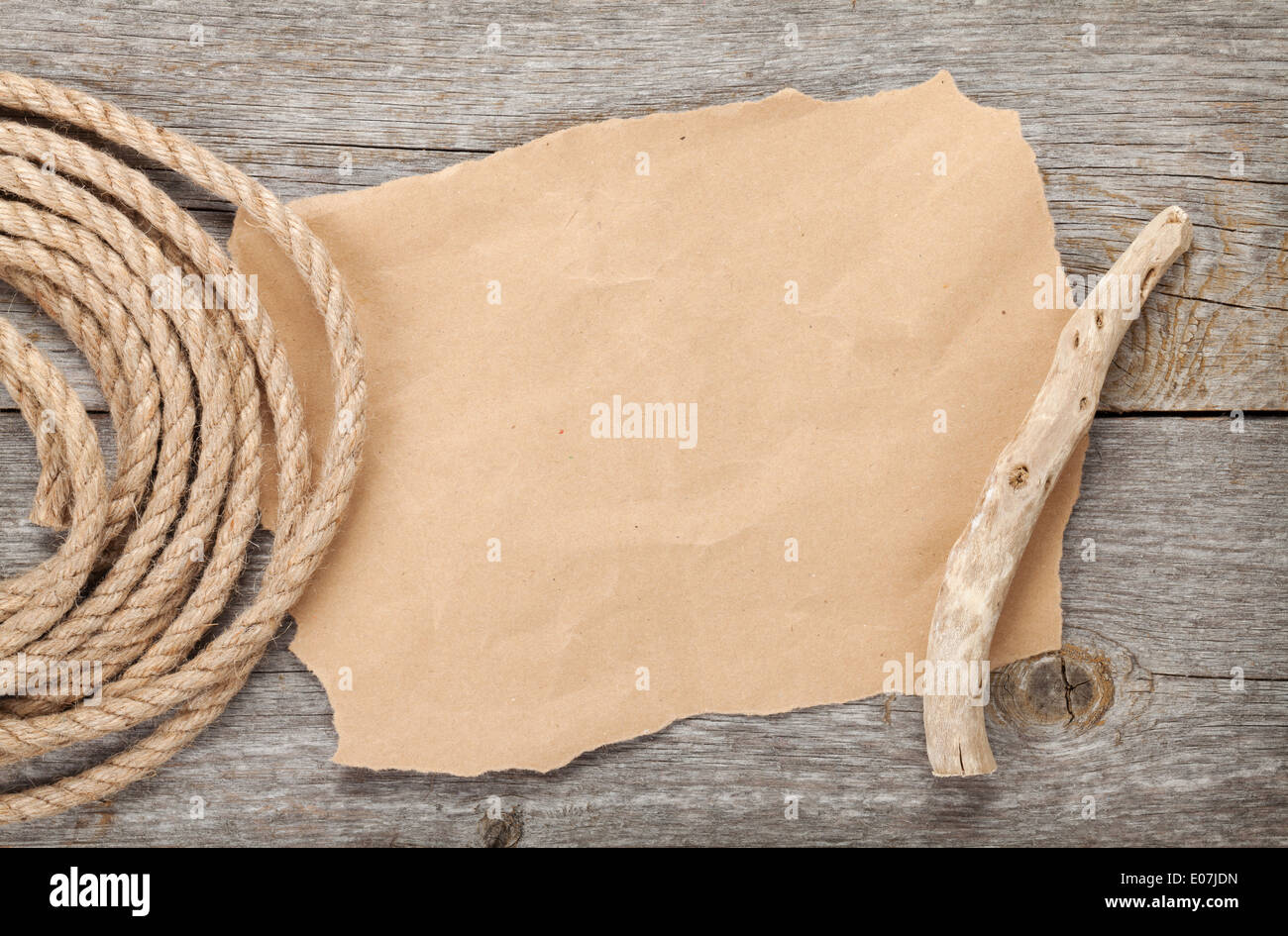 Old paper for copy space and rope on wooden textured background Stock ...