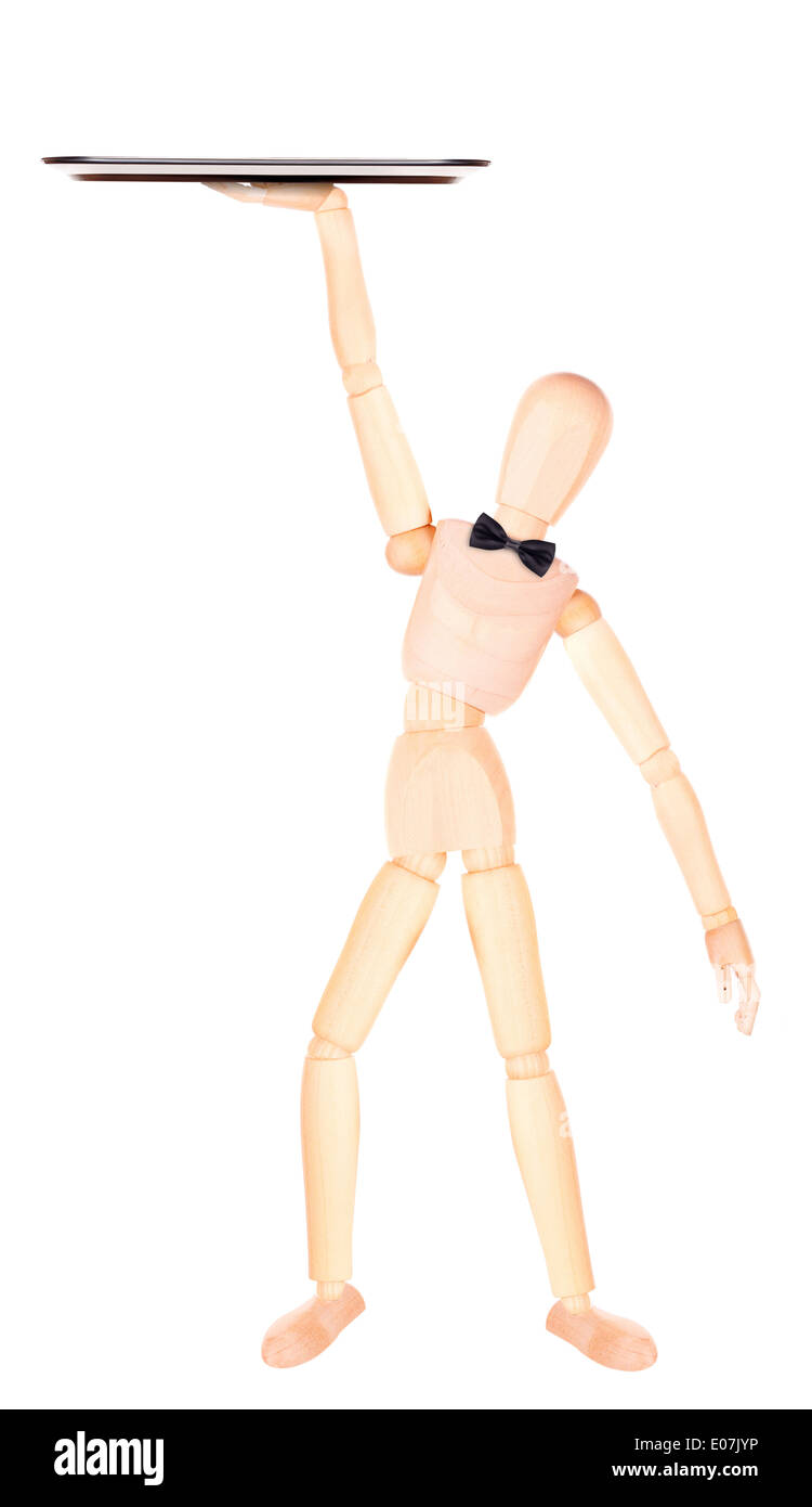 wooden Dummy waiter with empty silver tray Isolated Over White ...