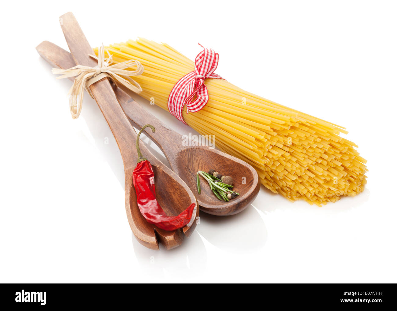 Vintage kitchen utensils with spices and pasta. Isolated on white ...