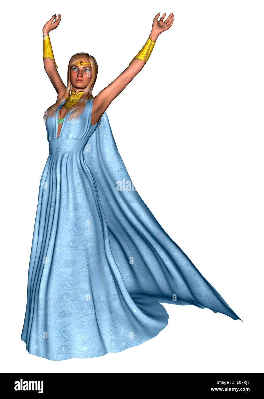 3D digital render of a beautiful female mage in a blue dress isolated ...