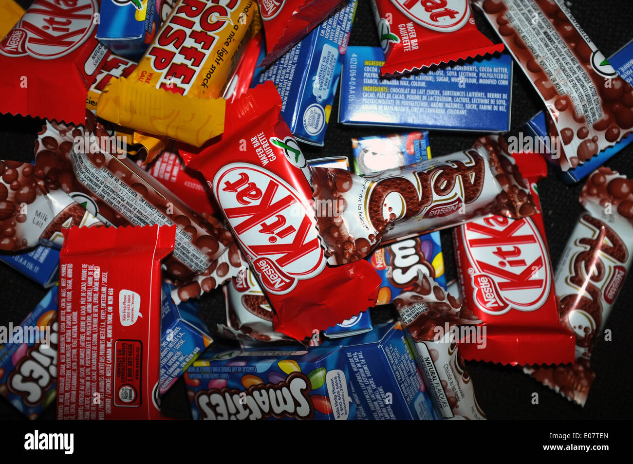 Aero, Coffee Crisp, Kit Kat and Smarties chocolates photographed ...