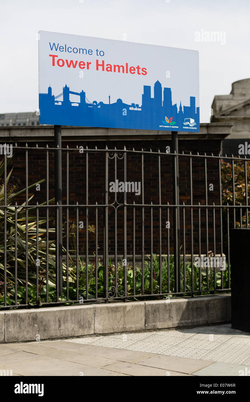 London, UK 5th May 2014. A Tower Hamlets sign marks the boundary of the ...