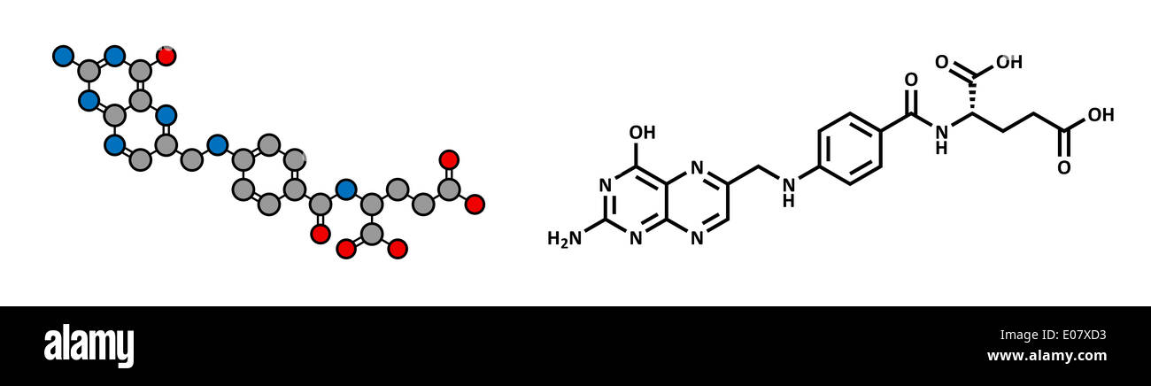 Vitamin B9 (folic acid) molecule. Stylized 2D rendering and ...