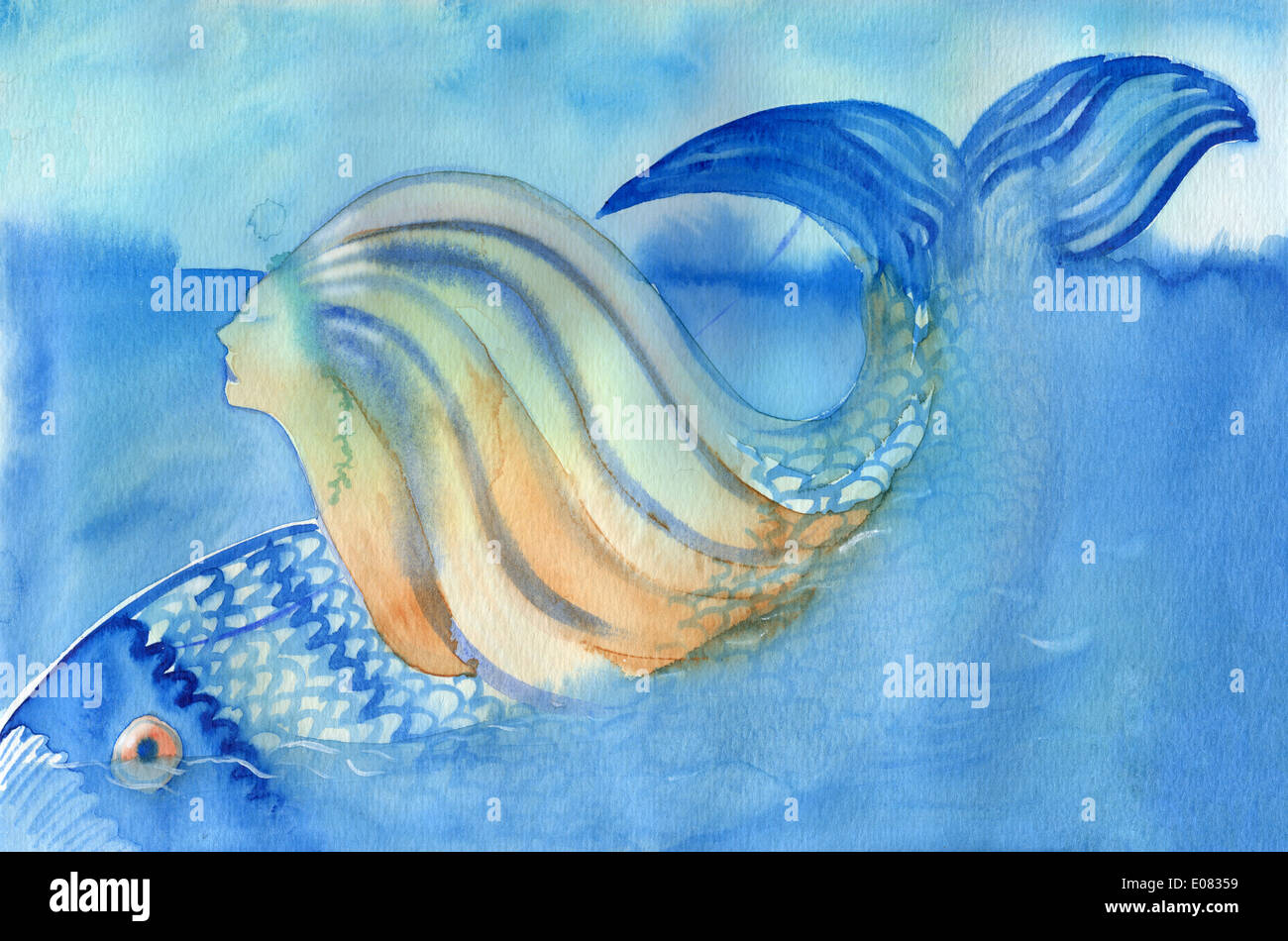 Mermaid and fish diving down abstract watercolor painting. Mermaid ...