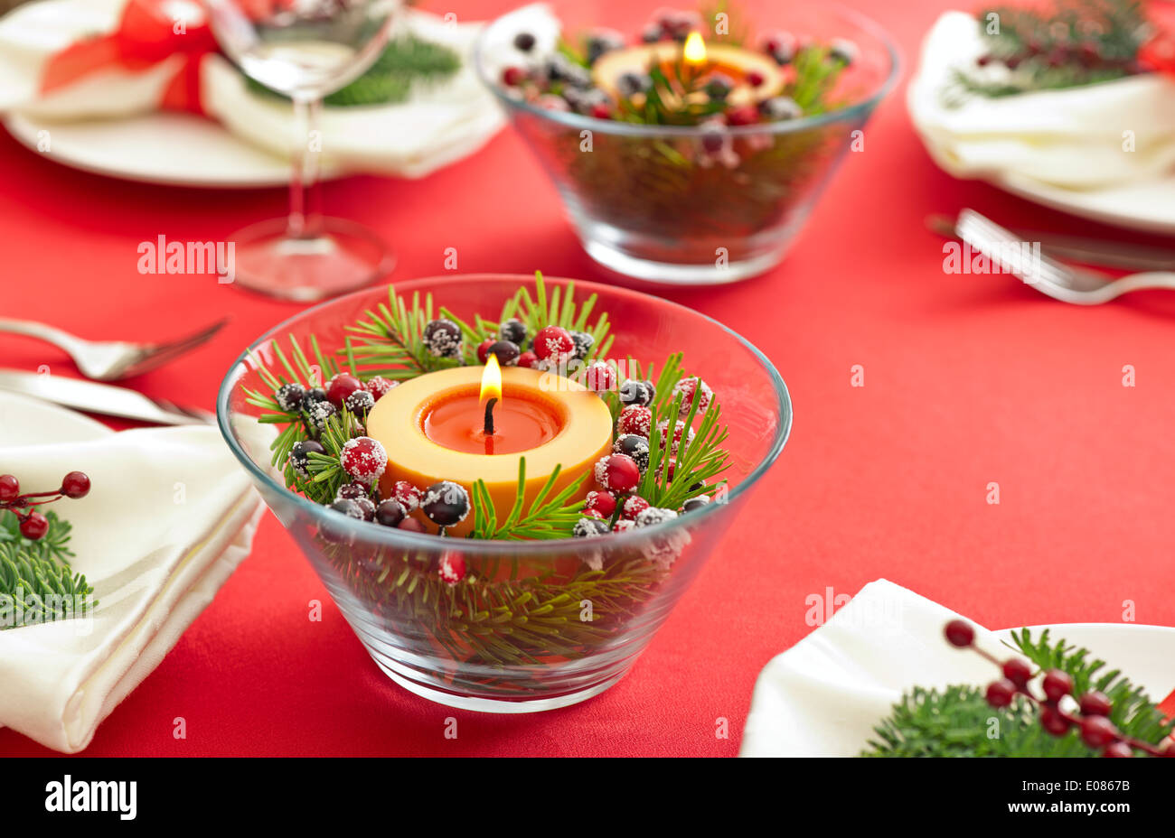 Christmas Dinner table setting with real tree decoration Stock Photo ...