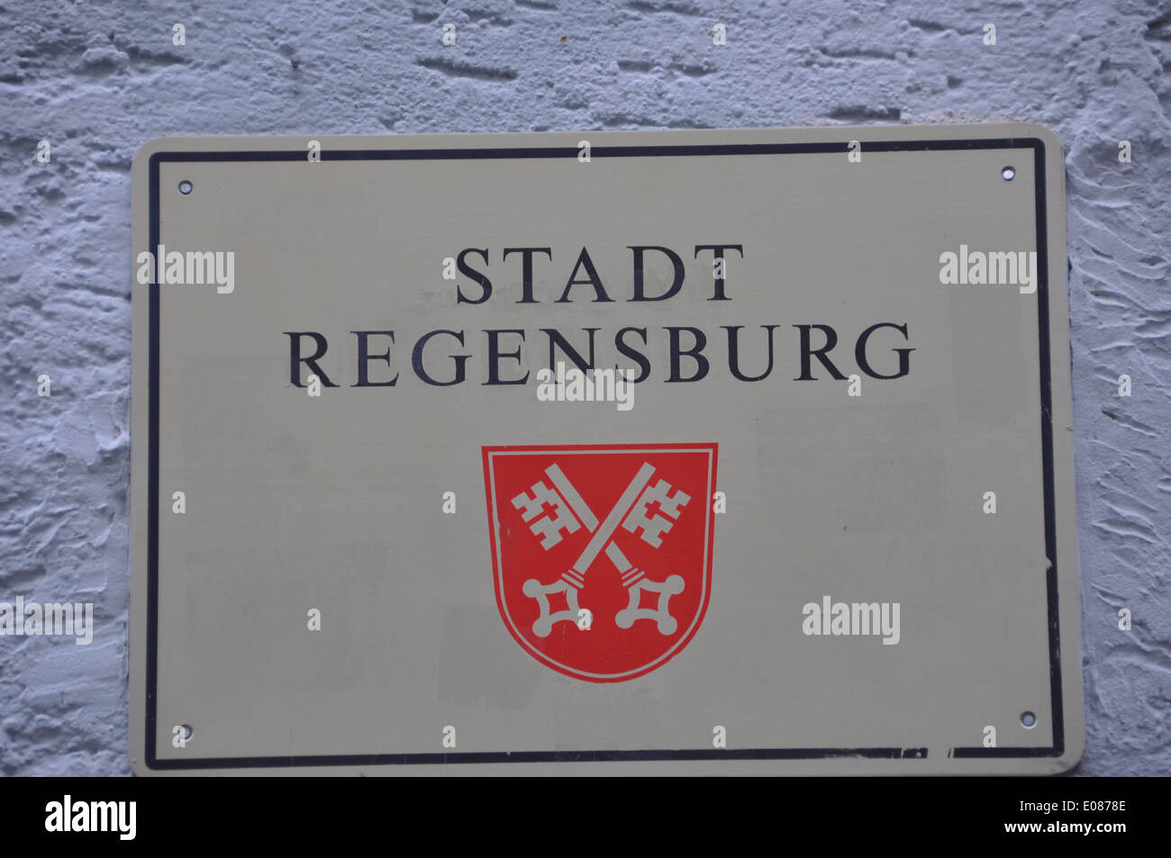 Sign with the town of Regensburg and its coat of arms Stock Photo - Alamy