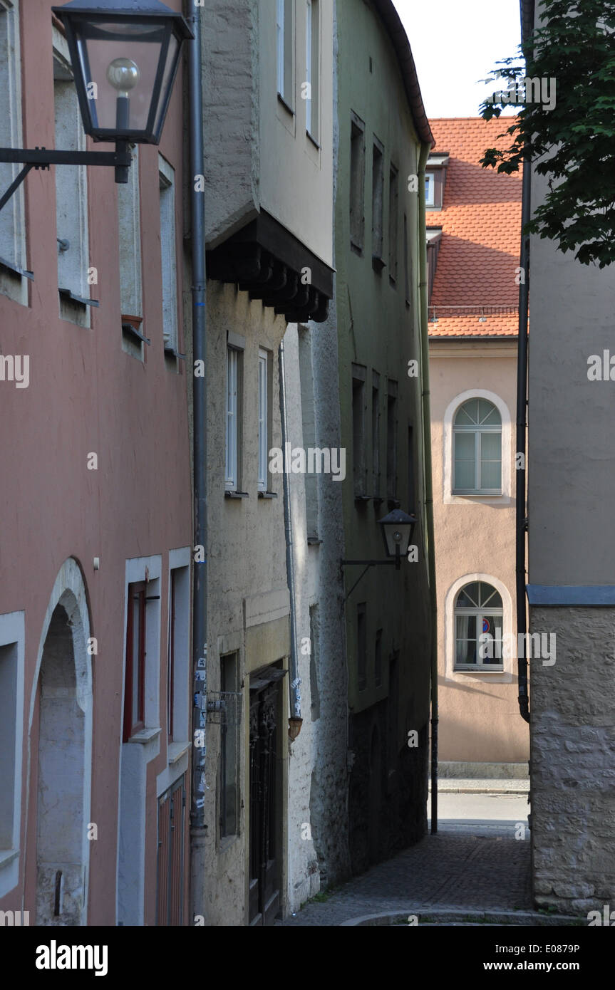 Pastel buildings in a narrow street in Regensburg Bavaria Stock Photo ...