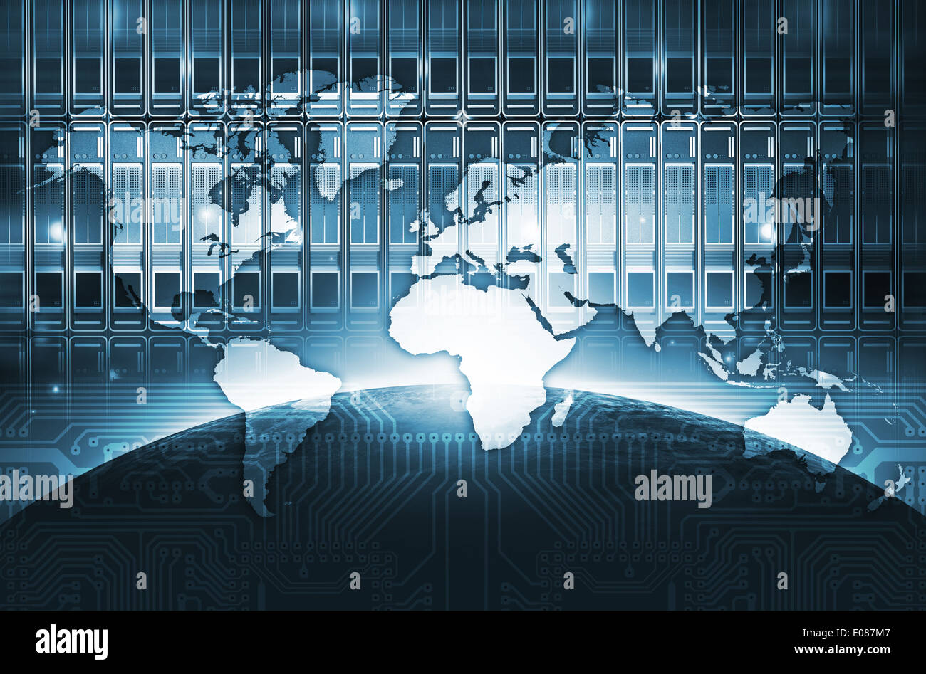 Digital World Concept Illustration with Servers, Global Connections and ...