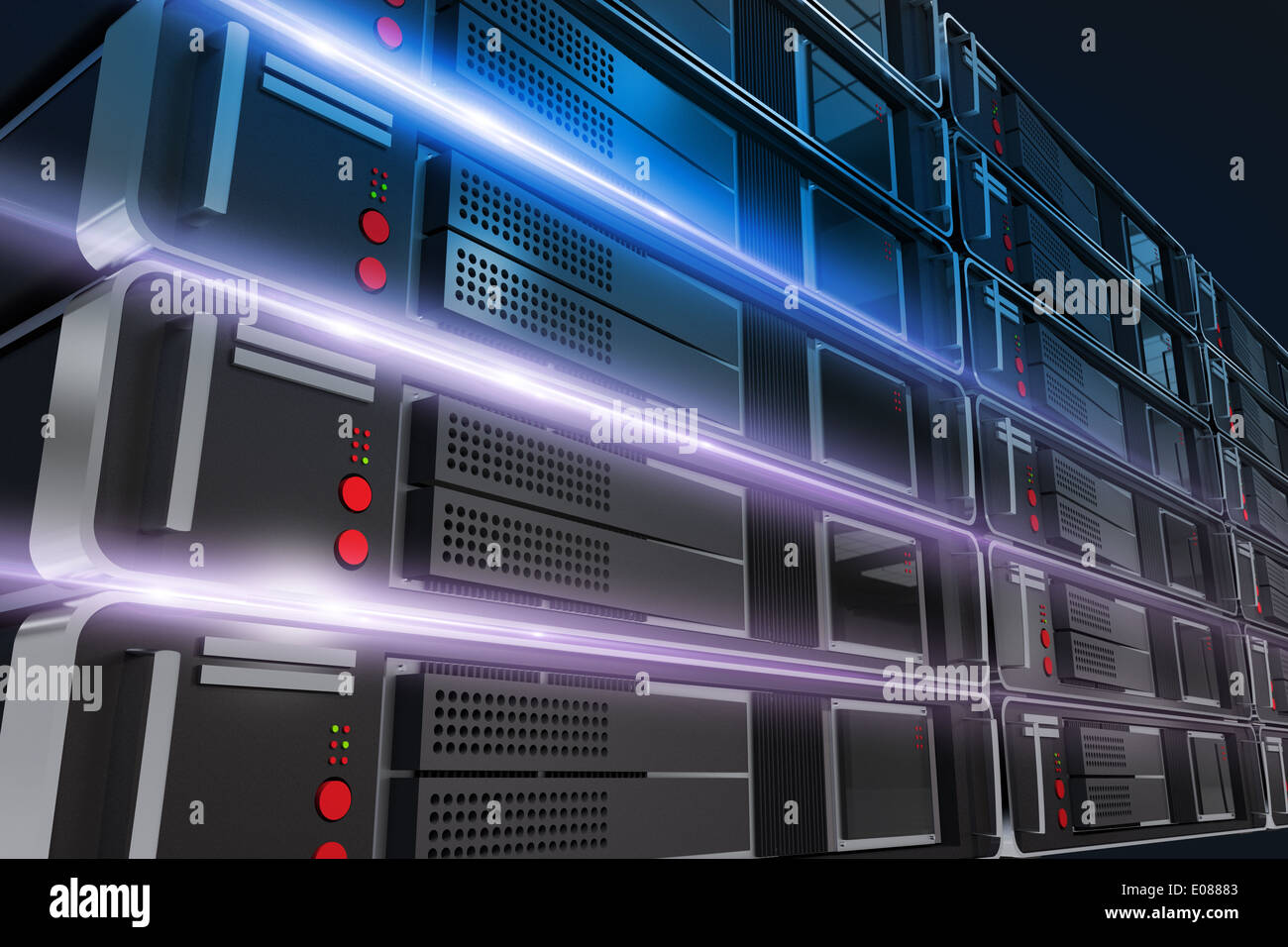 Powerful Servers Rack Closeup Illustration with Light Rays Stock Photo ...
