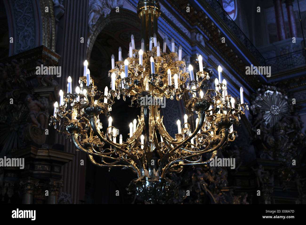 Beautiful chandelier with many candles under the church top Stock Photo ...