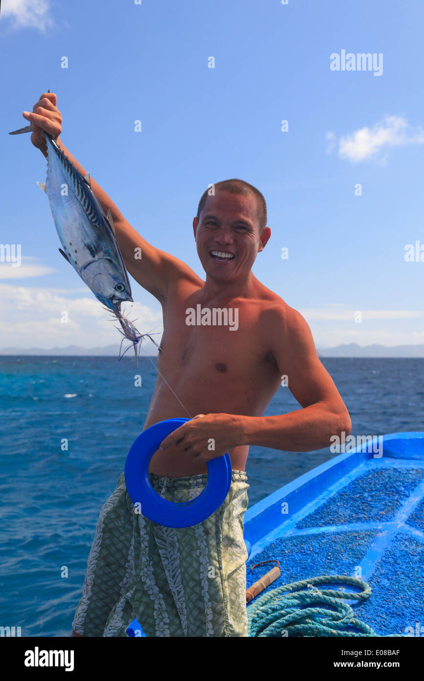 Philippines, Palawan, Culion Island, local people fishing on Bangka ...