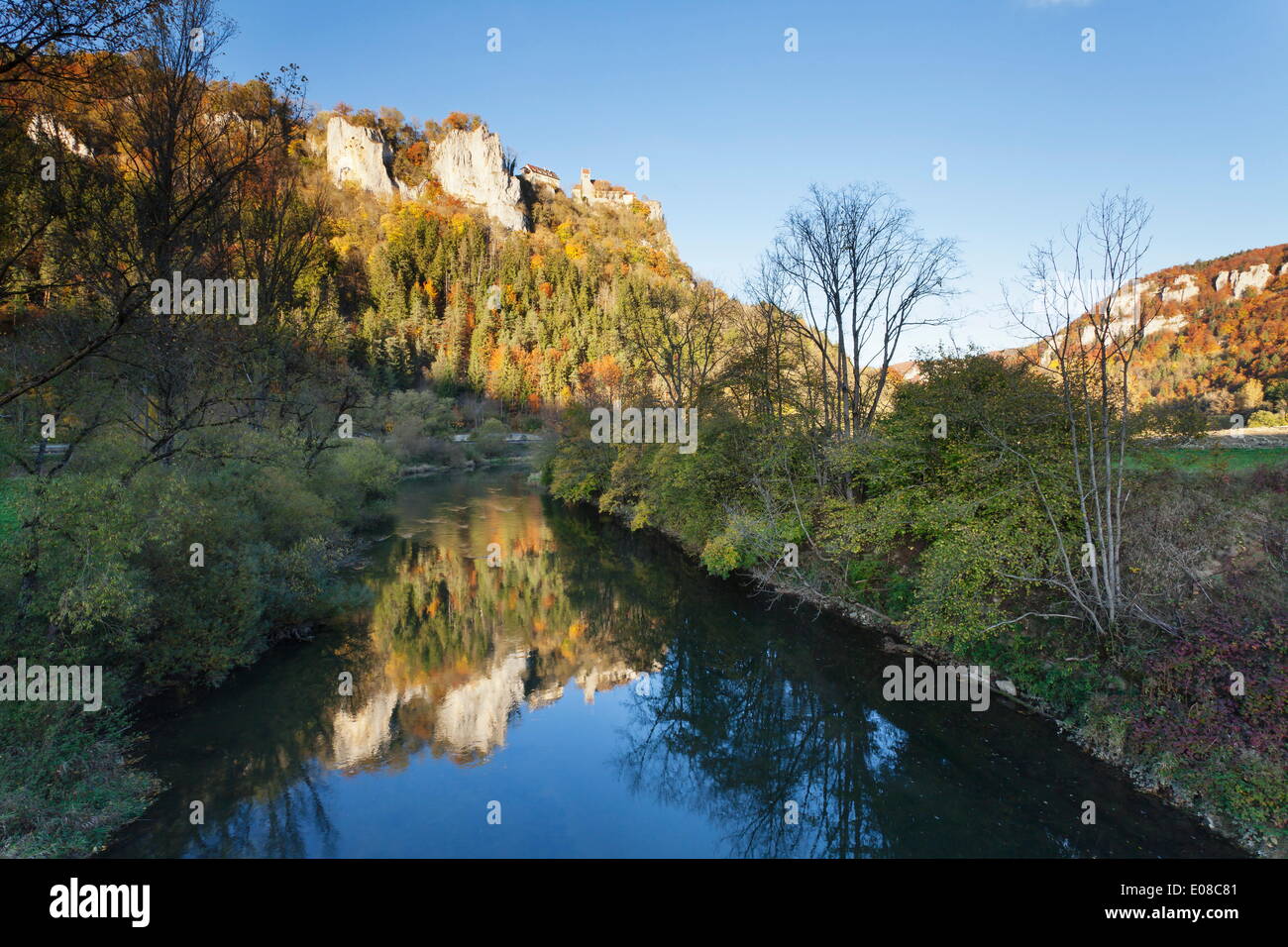 Schloss Werenwag Castle reflecting in Danube River, Danube Valley ...