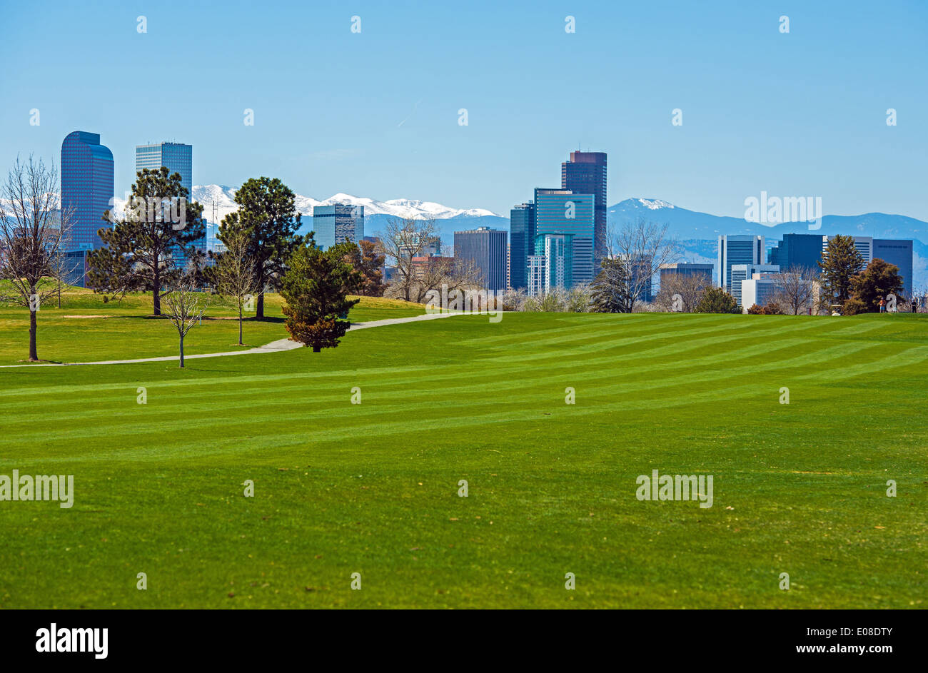 Denver Green Fields, Denver Downtown Skyline and Rocky Mountains Under ...