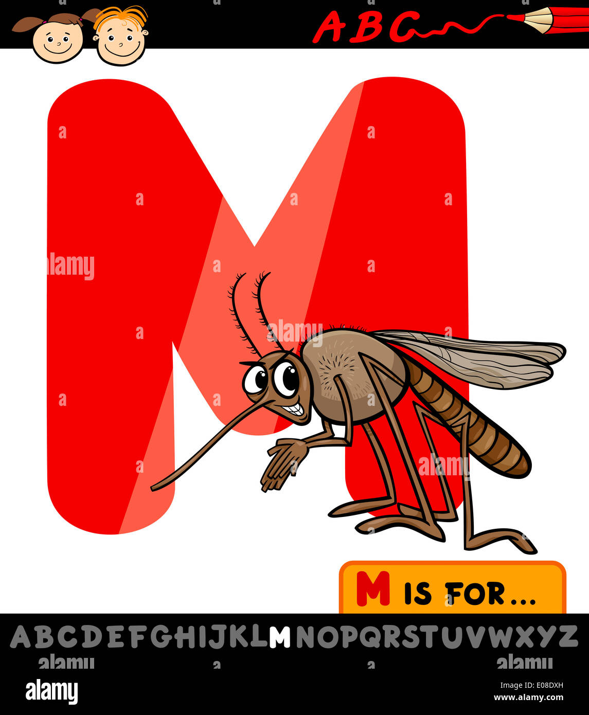 Cartoon Illustration of Capital Letter M from Alphabet with Mosquito ...