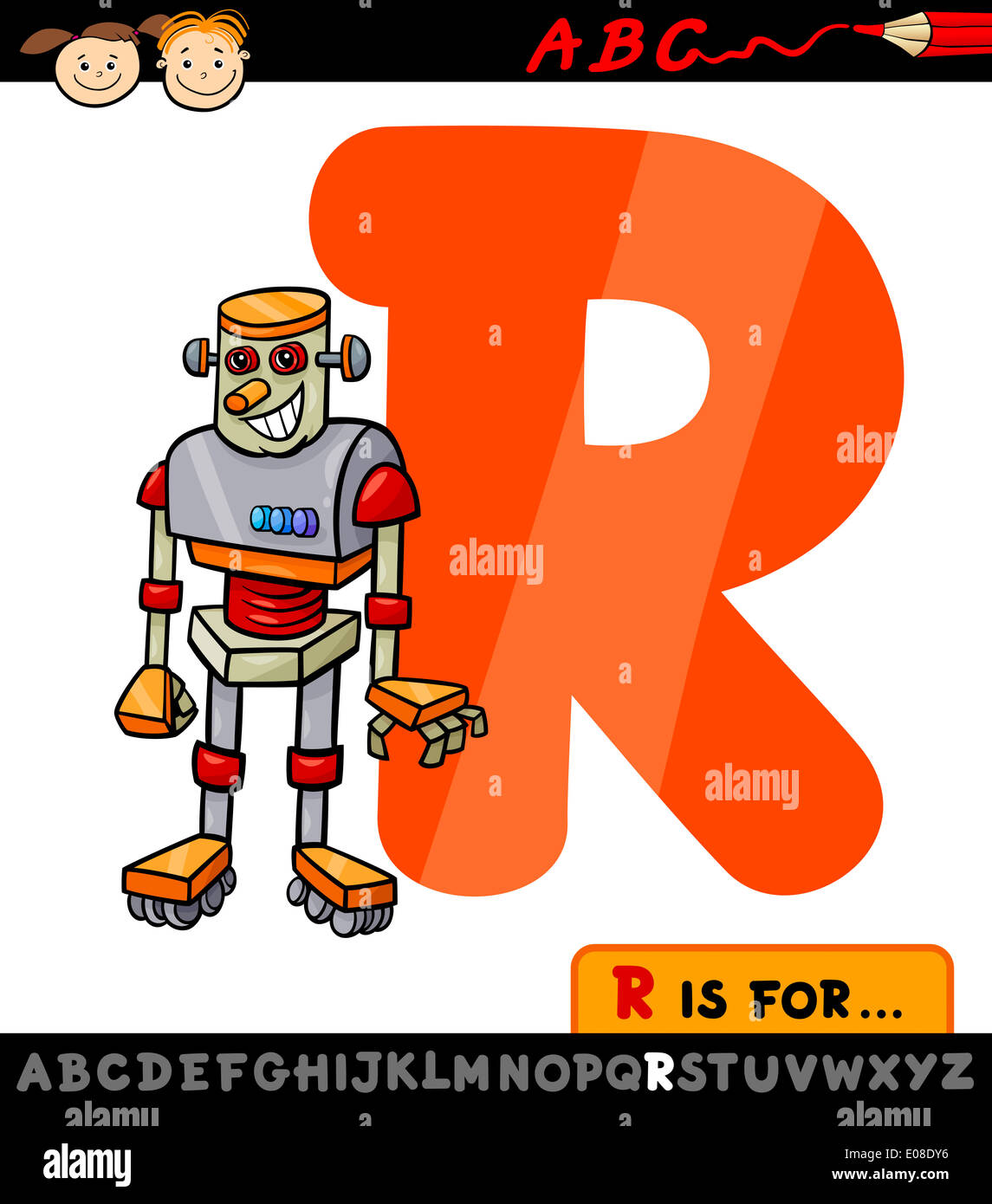 Cartoon Illustration of Capital Letter R from Alphabet with Robot for ...