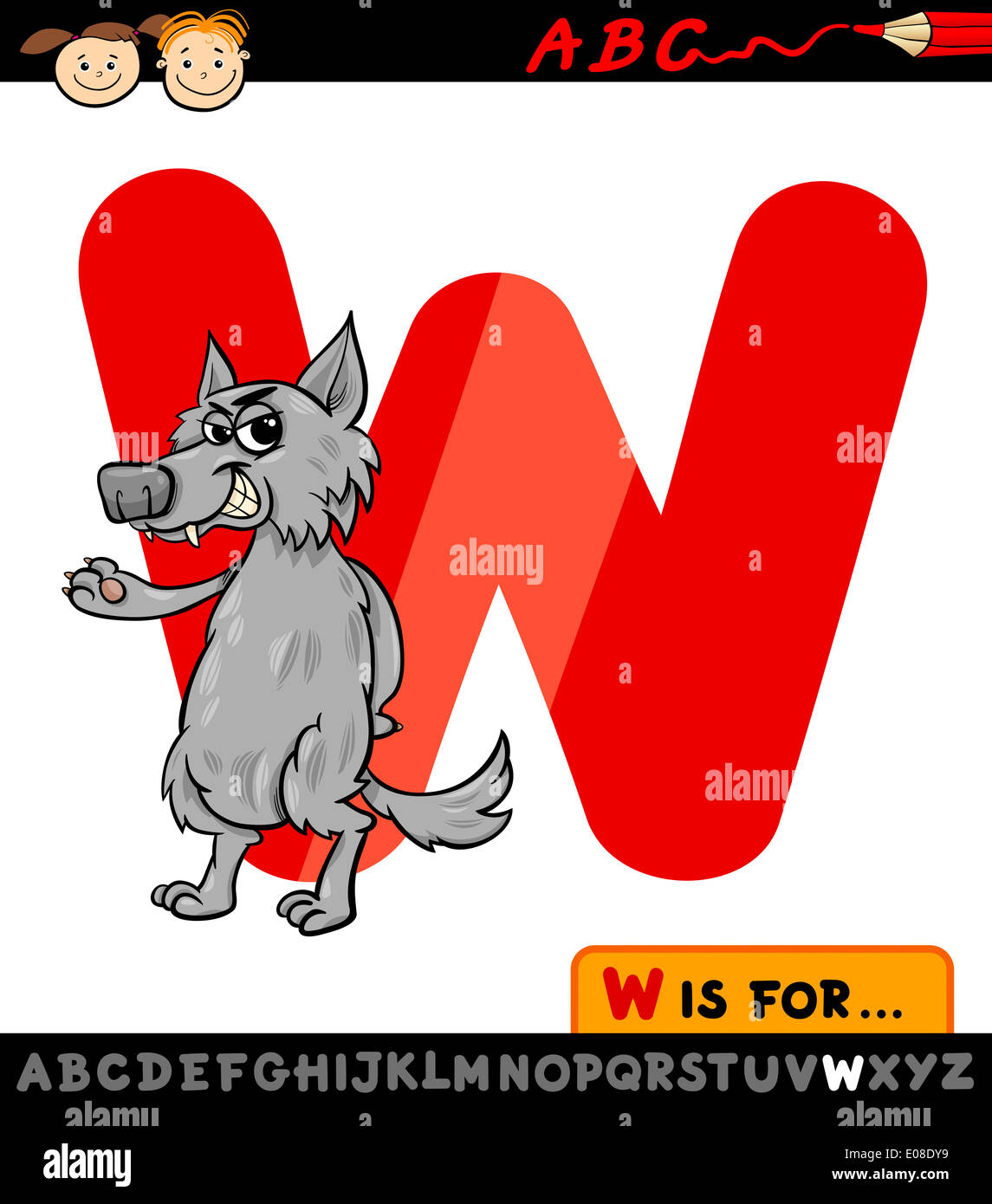 Cartoon Illustration of Capital Letter W from Alphabet with Wolf for ...