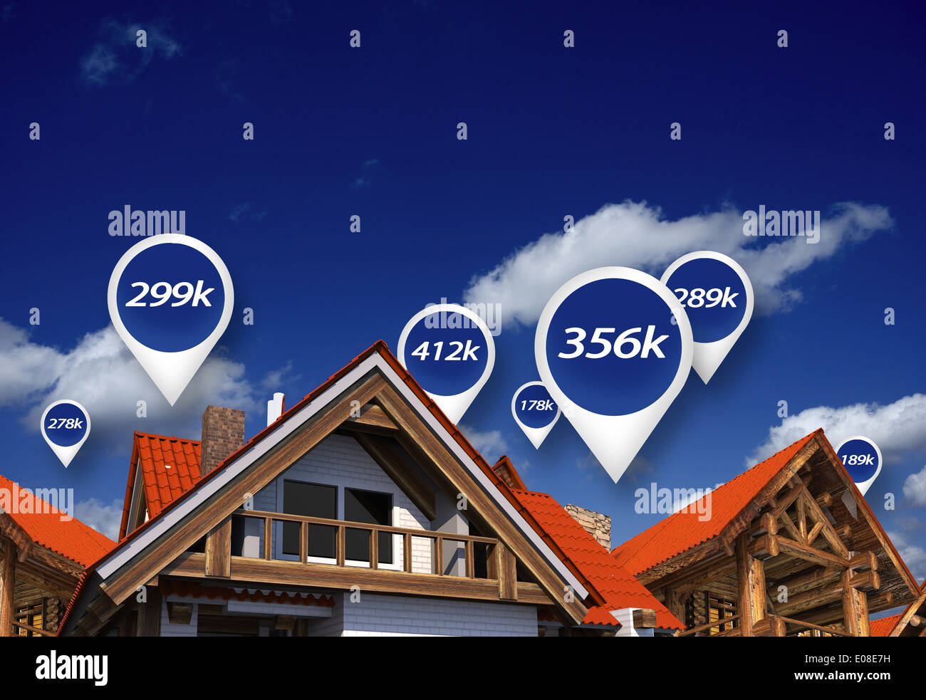 Real Estate Market Blue Price Tags Above Properties. House Prices. 3D ...