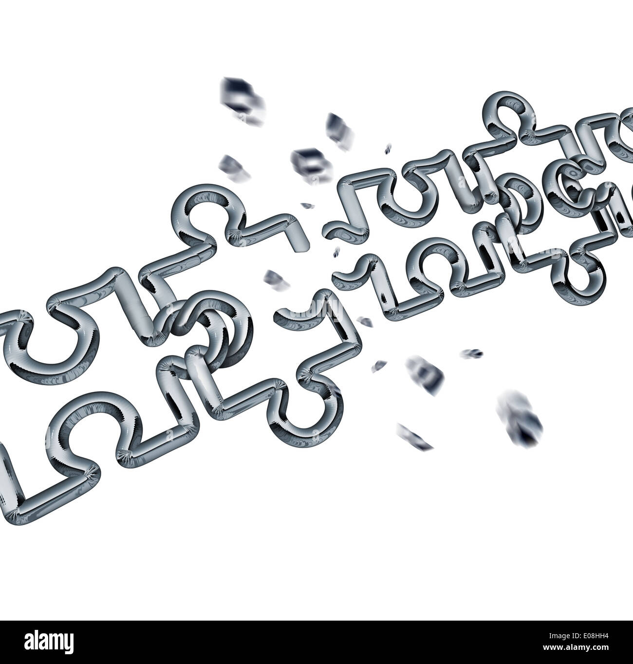 Broken chain puzzle business concept as metal links shaped as jigsaw ...