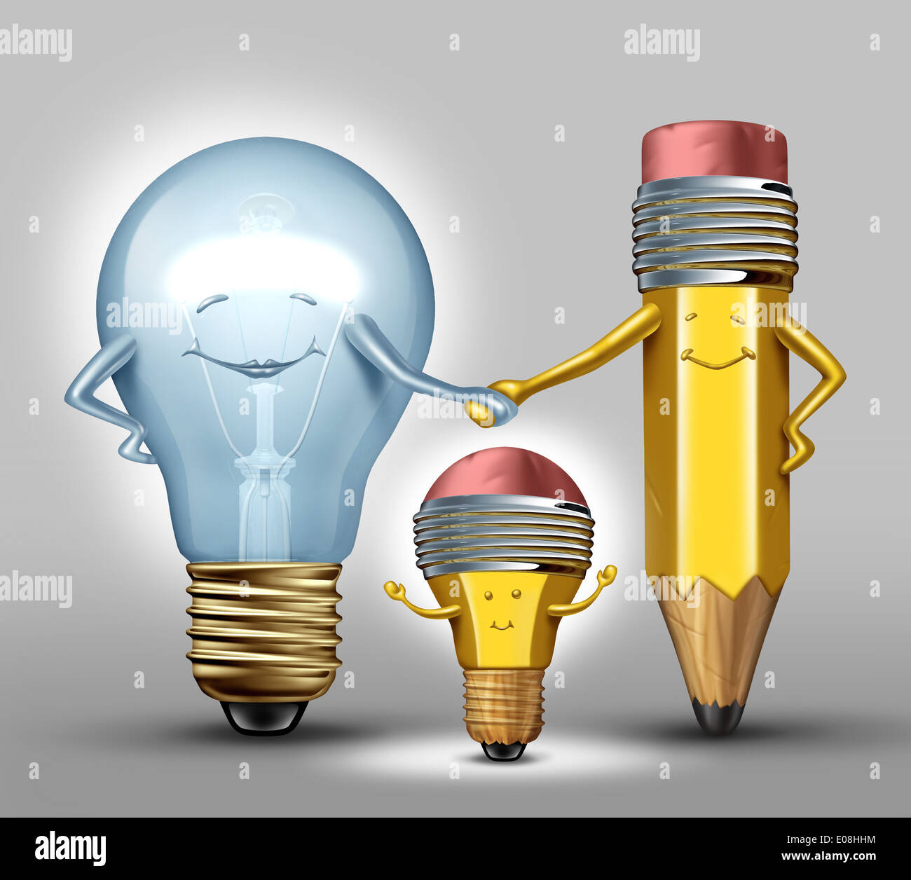 Creativity concept as a mother lightbulb and father pencil characters ...