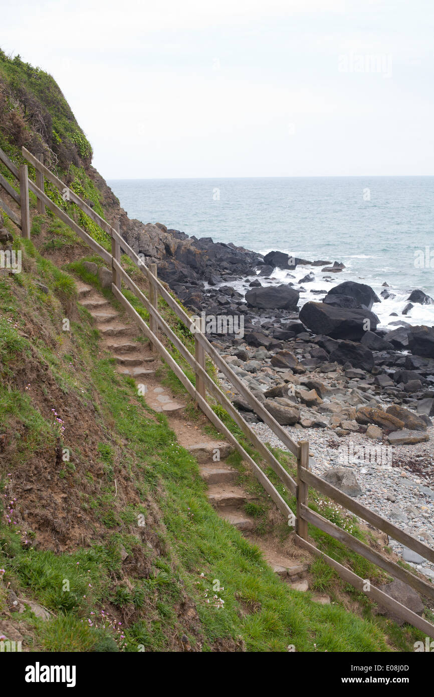Steep stairs cut into the cliff leading down to the beach / cove at ...