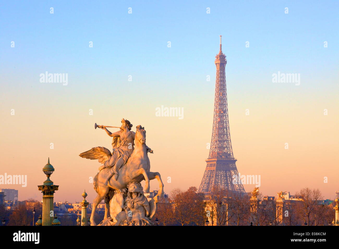 Eiffel Tower from Place de La Concorde with statue in foreground, Paris ...