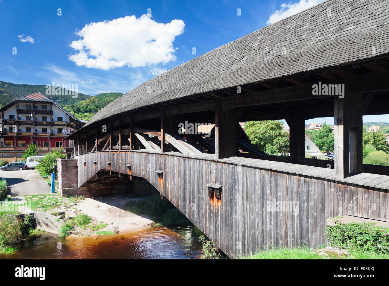 Historical wooden bridge, Forbach, Murgtal Valley, Black Forest, Baden ...