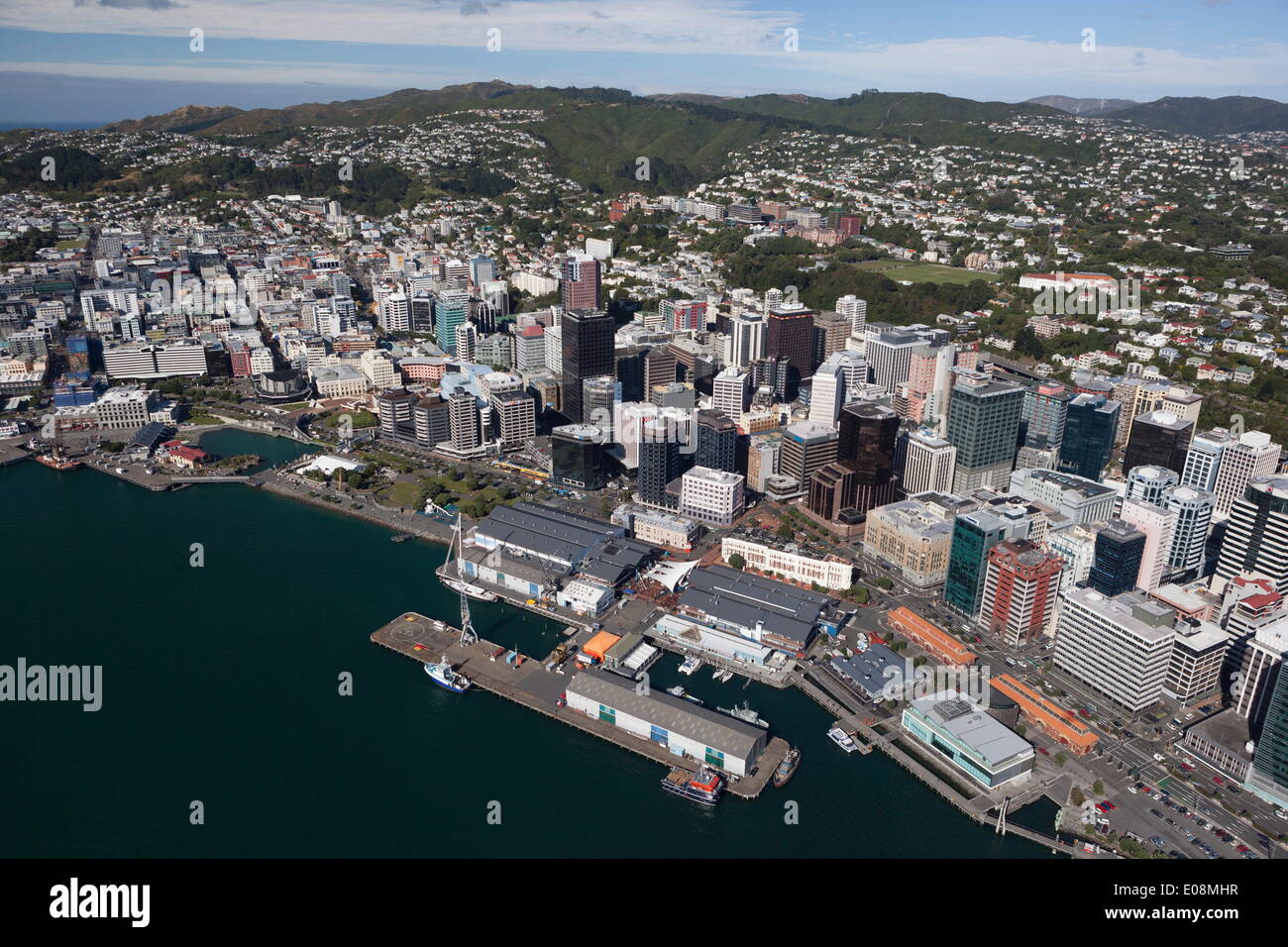 Aerial view of Wellington city centre and Queens Wharf, Wellington ...