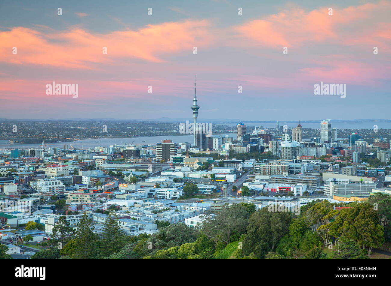 View of Auckland from Mount Eden at sunset, Auckland, North Island, New ...