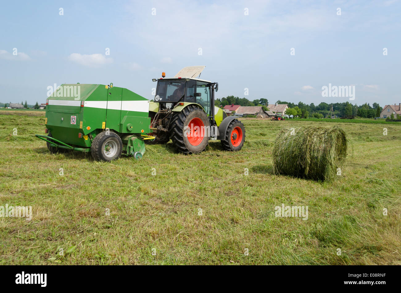 tractor bailer collect hay in field. Agricultural machine making hay ...